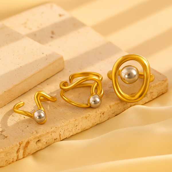 Geometric Gold Stainless Steel Open Rings with Silver Bead – 3 Unique ...